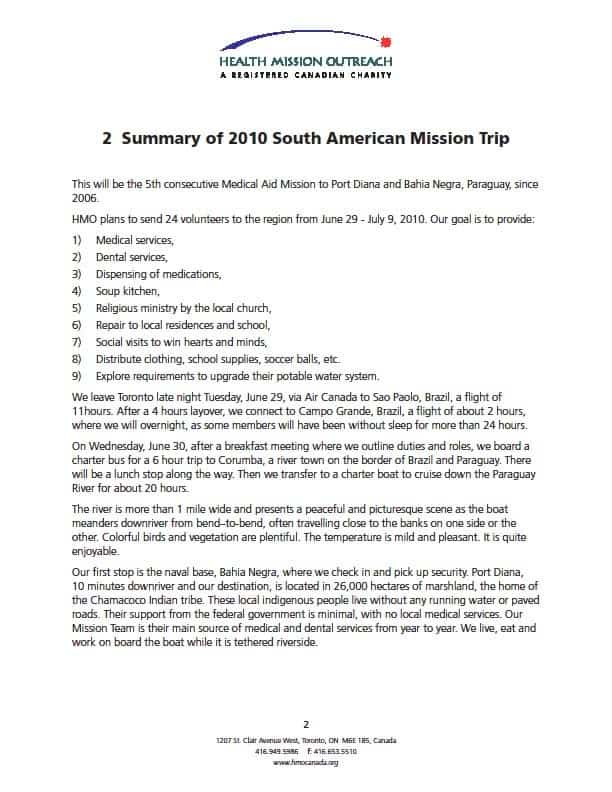 South America Mission Briefing Material – Health Mission Outreach